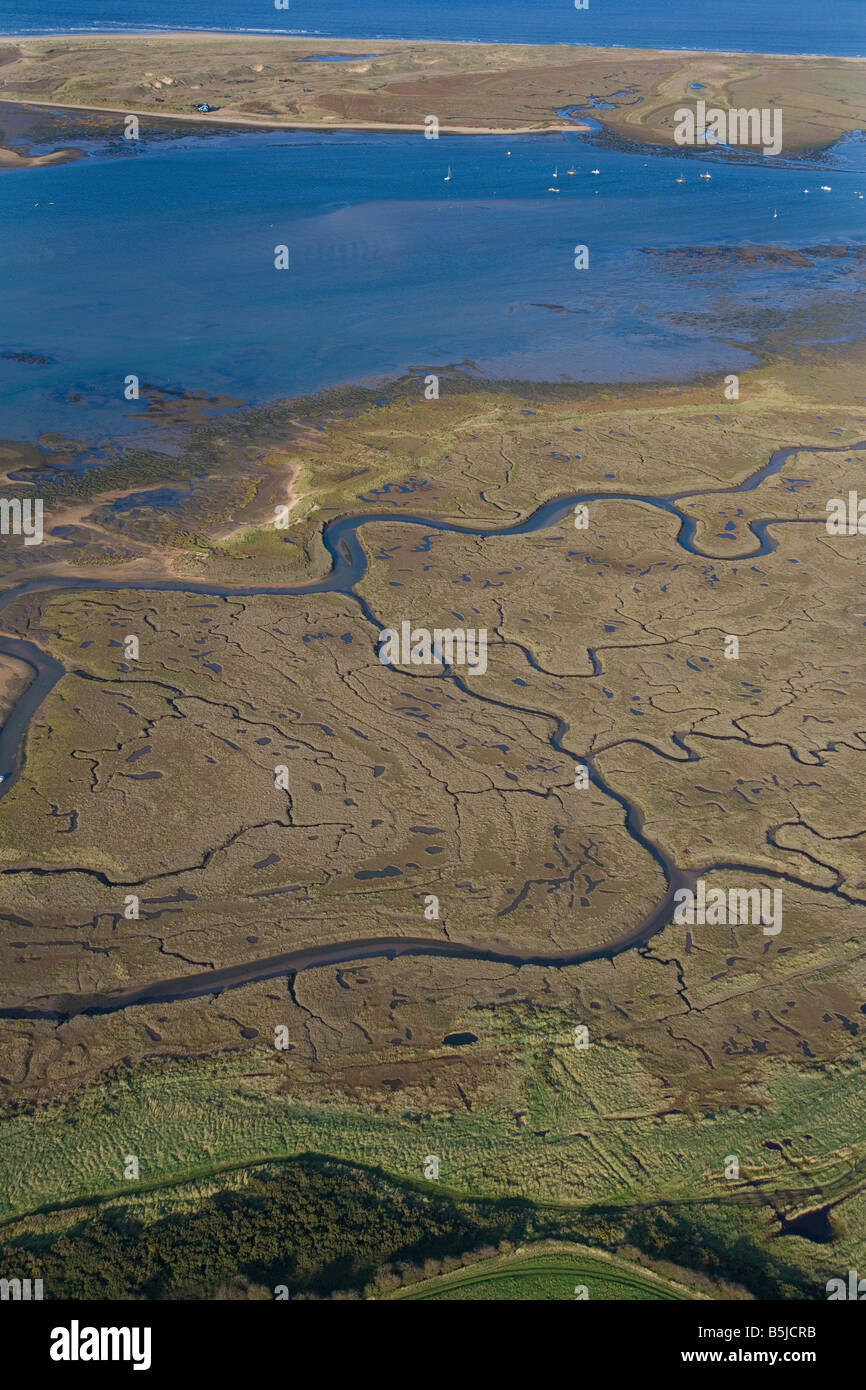 Aerial landscape showing the intertidal zone of creeks and saltmarsh ...