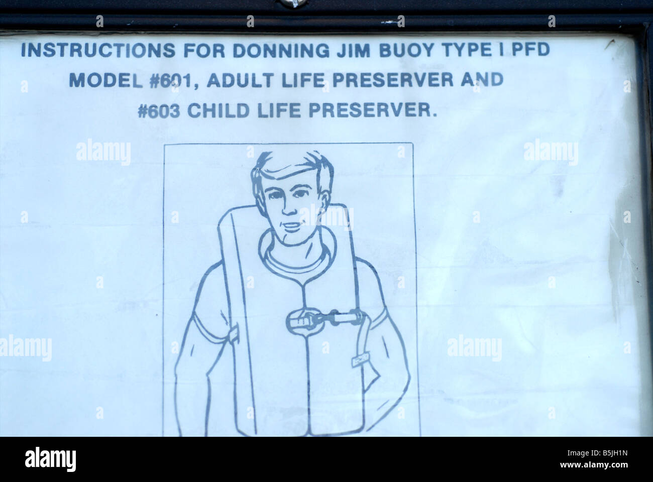 Instruction sign for Donning Jim Buoy Type I PFD, life preservers Stock ...