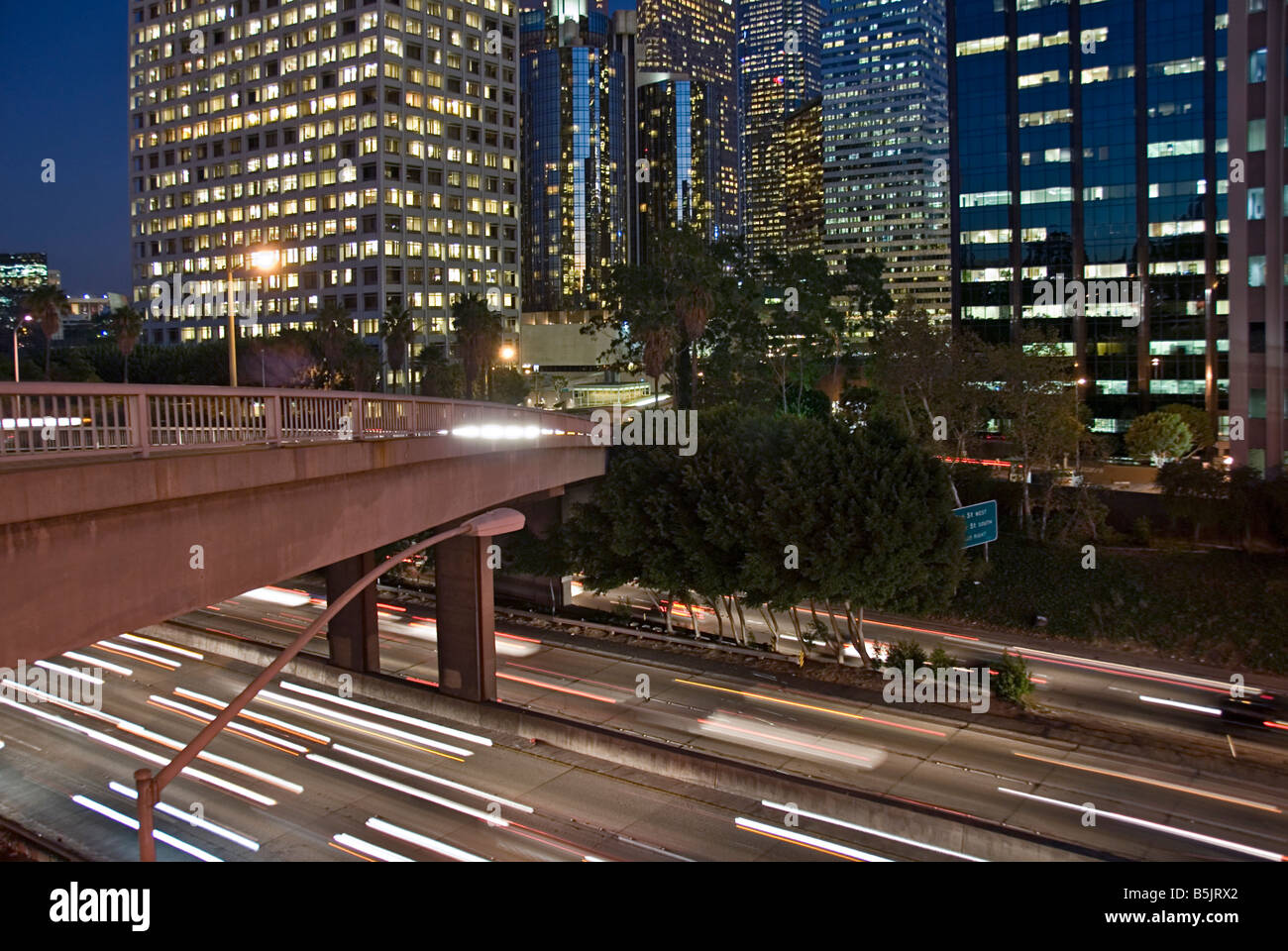 US 101, Harbor Freeway LA skyline, Dusk Los Angeles, California, USA ...