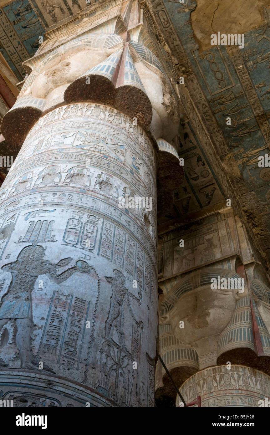 Carved columns at the Hypostyle Hall inside Dendera or Dendara Hathor ...