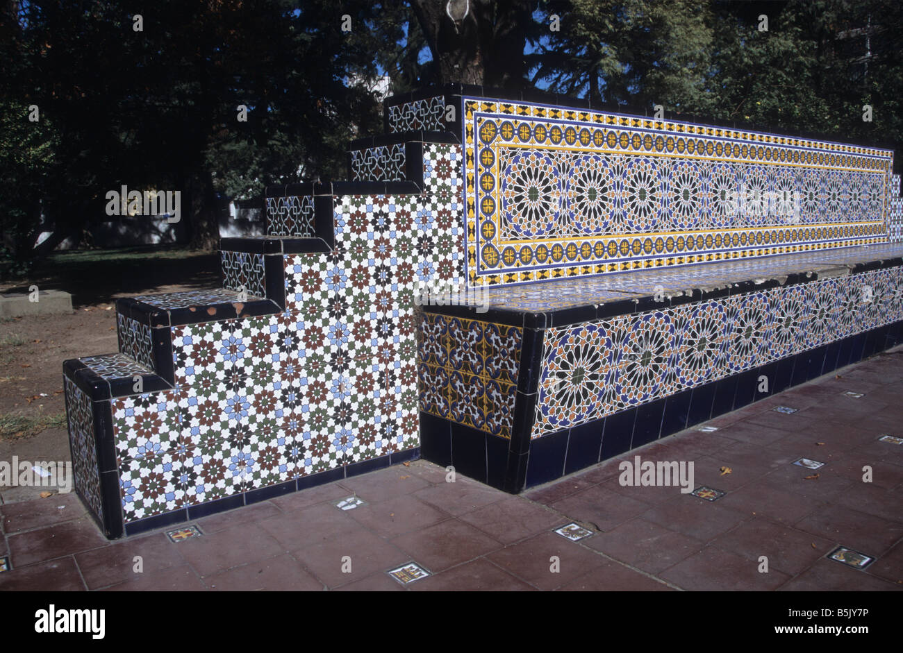 Ornamental ceramic tile seat in Plaza España, Mendoza, Argentina Stock ...