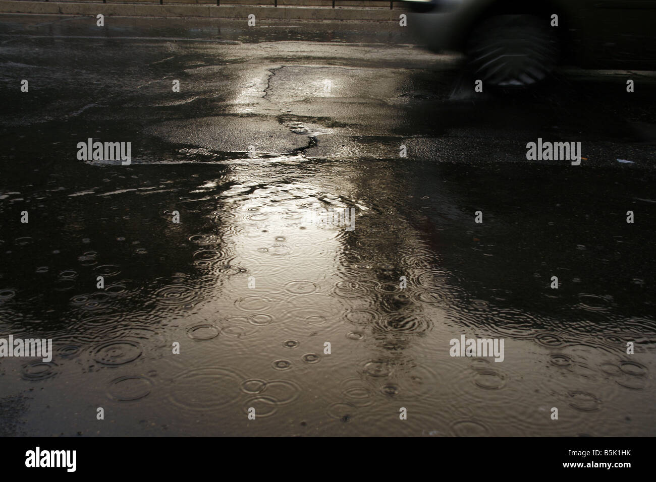 lots rain drops falling in water puddle in street Stock Photo - Alamy