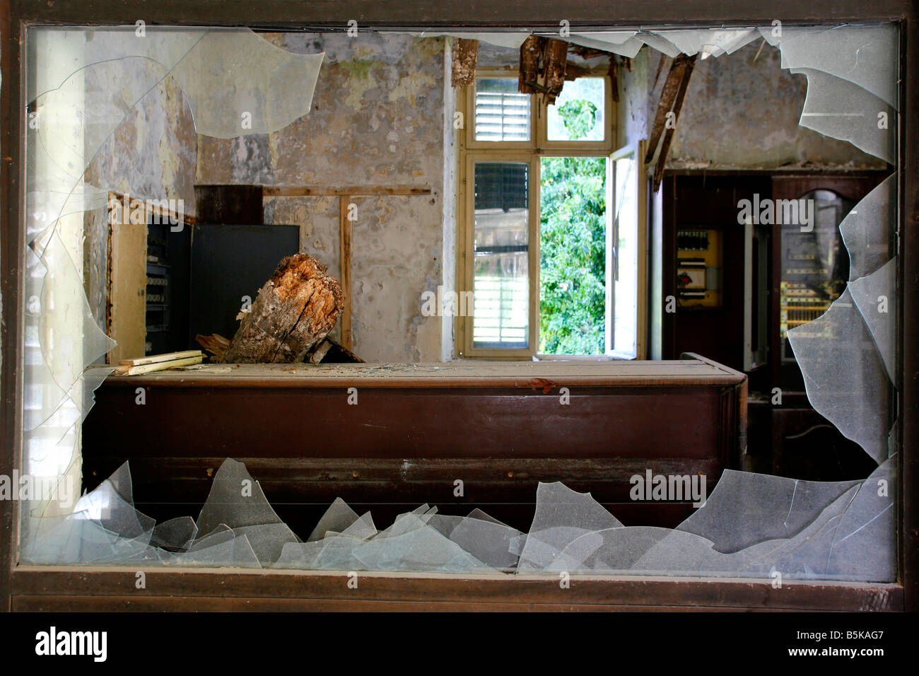 Broken window in an abandoned hotel after the war in Croatia Stock ...