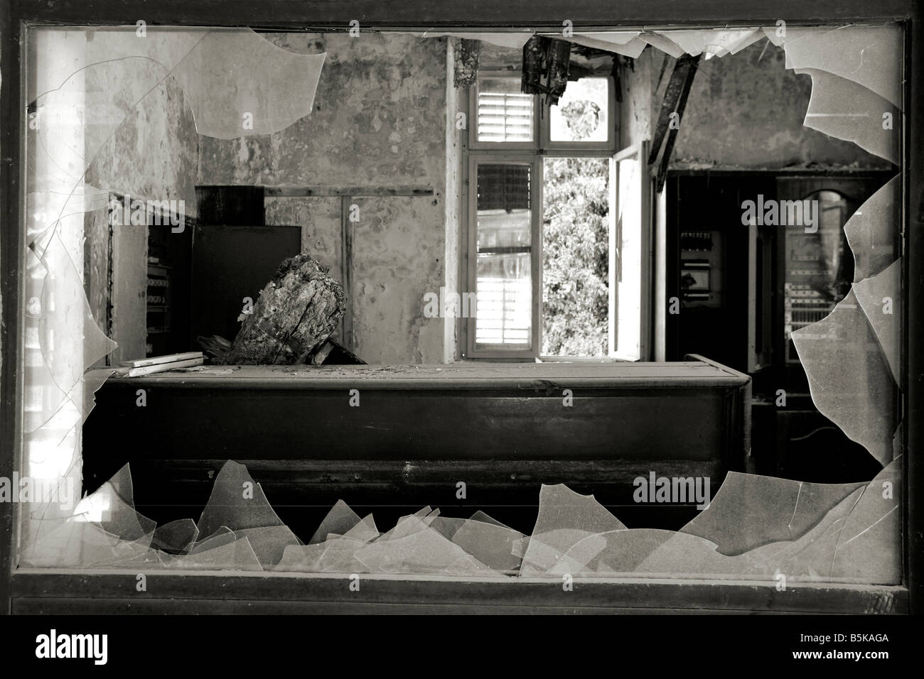 Broken window in an abandoned hotel after the war in Croatia Stock ...