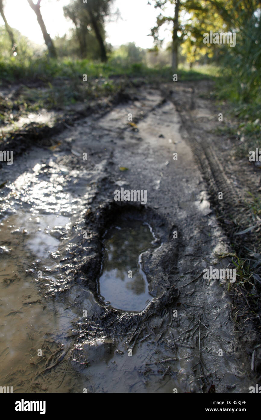 one footprint in mud on rural track lane in empty vacant country Stock ...