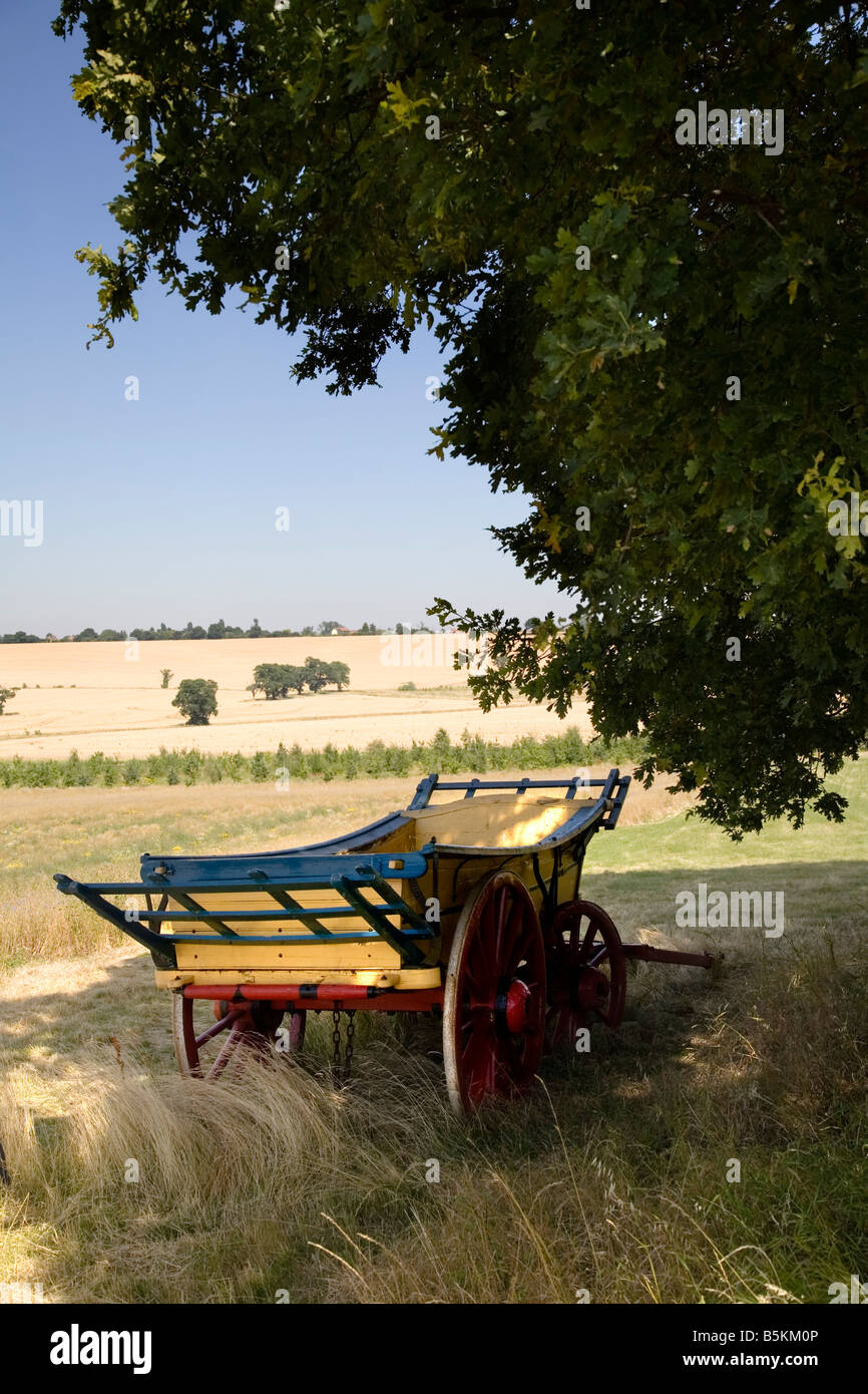 A RARE YELLOW ESSEX WAGON UNDER A TREE BY A FIELD IN ESSEX. A CART ...