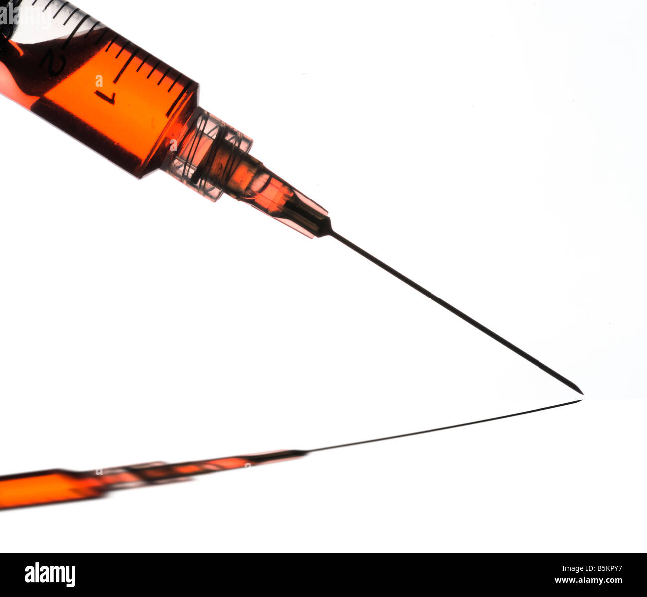 closeup hypodermic needle with red fluid and shadow Stock Photo - Alamy
