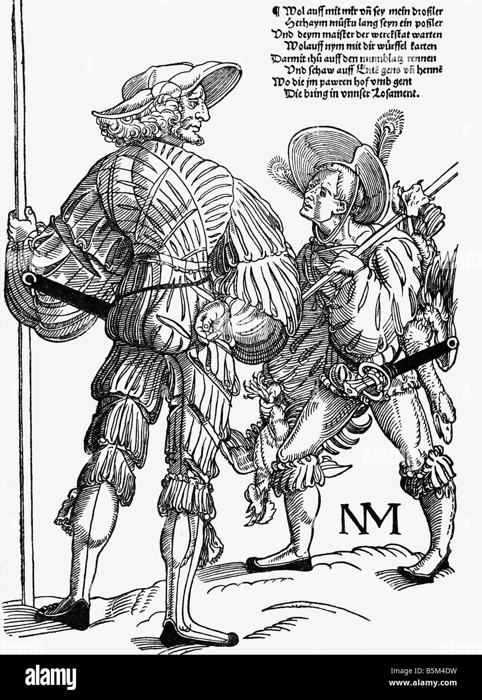 military, Landsknechts, Landsknecht with boy looting, woodcut, leaflet ...
