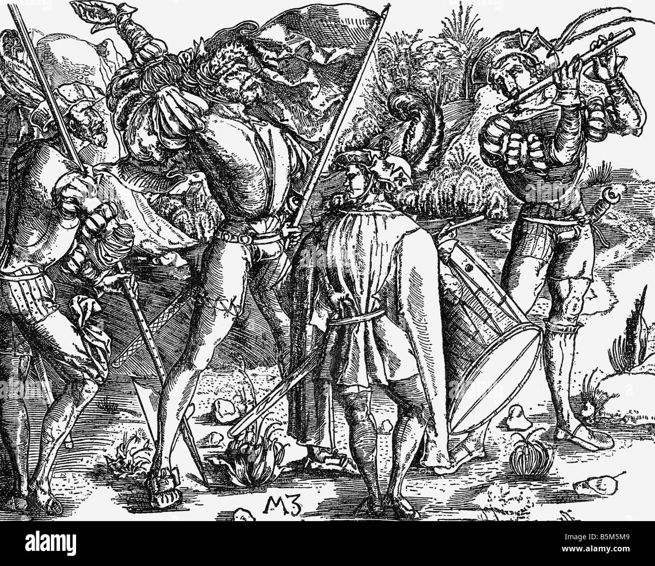 military, Landsknechts, pikeman, colour bearer, drummer and piper ...