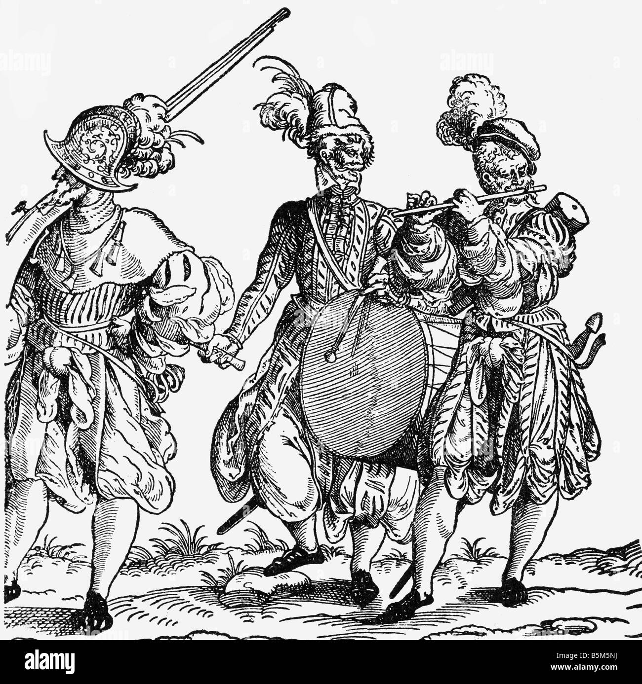 military, Landsknechts, arquebusier, drummer and piper, woodcut, 16th ...