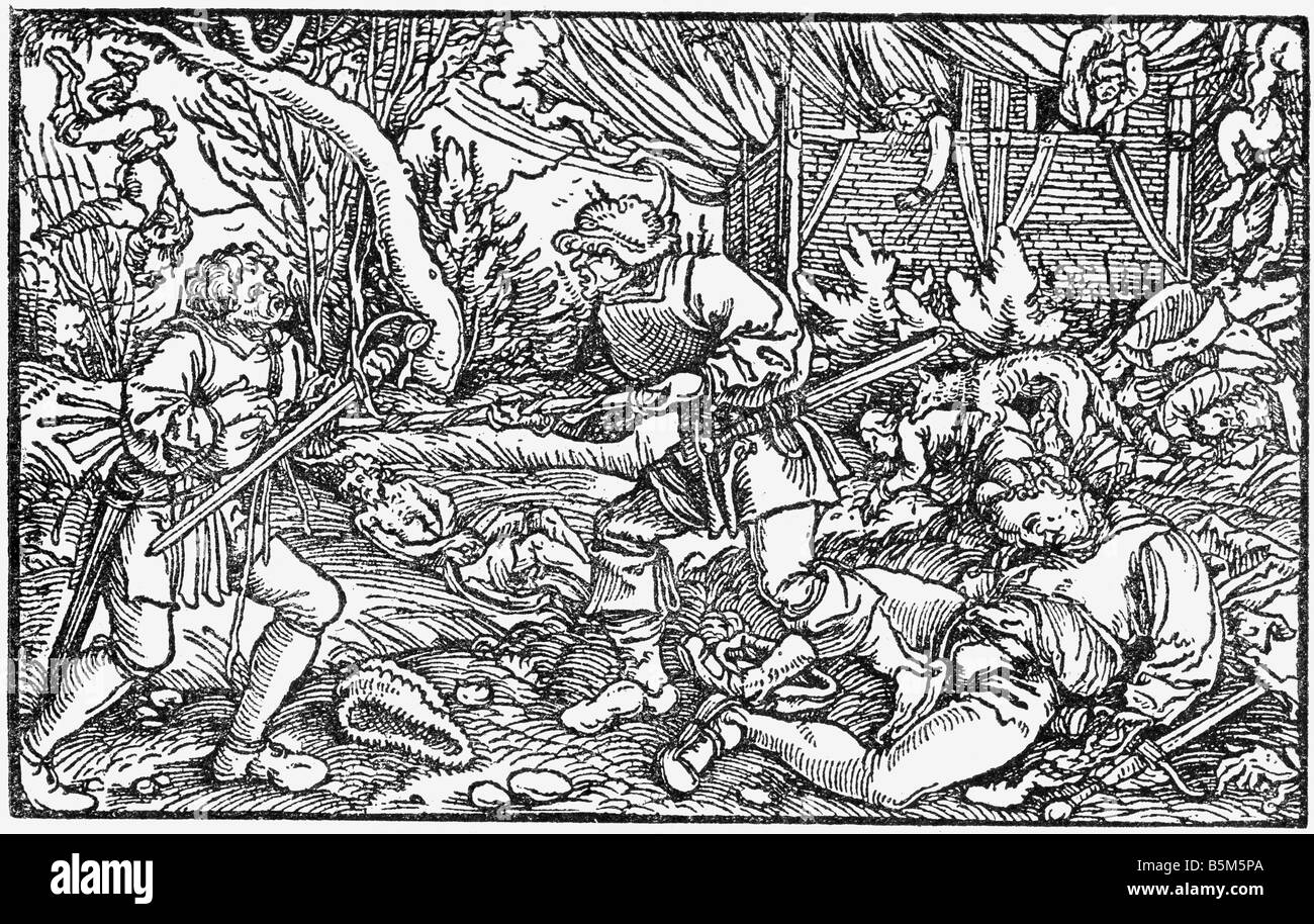 military, Landsknechts, looting and burning a village, woodcut, early ...