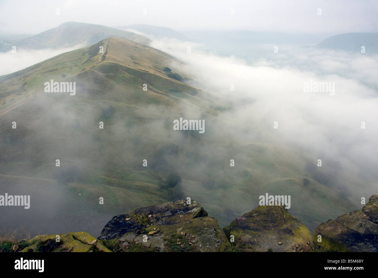 landscape from back tor towards the mam tor ridge and edale valley in ...