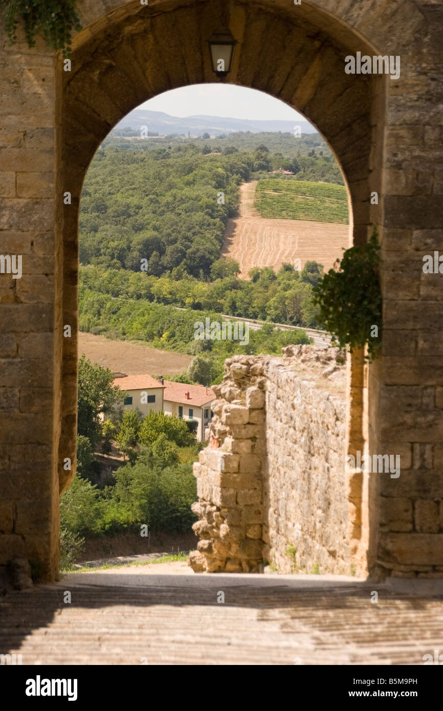 The ancient medieval hilltop town of Monteriggioni Italy peers down ...