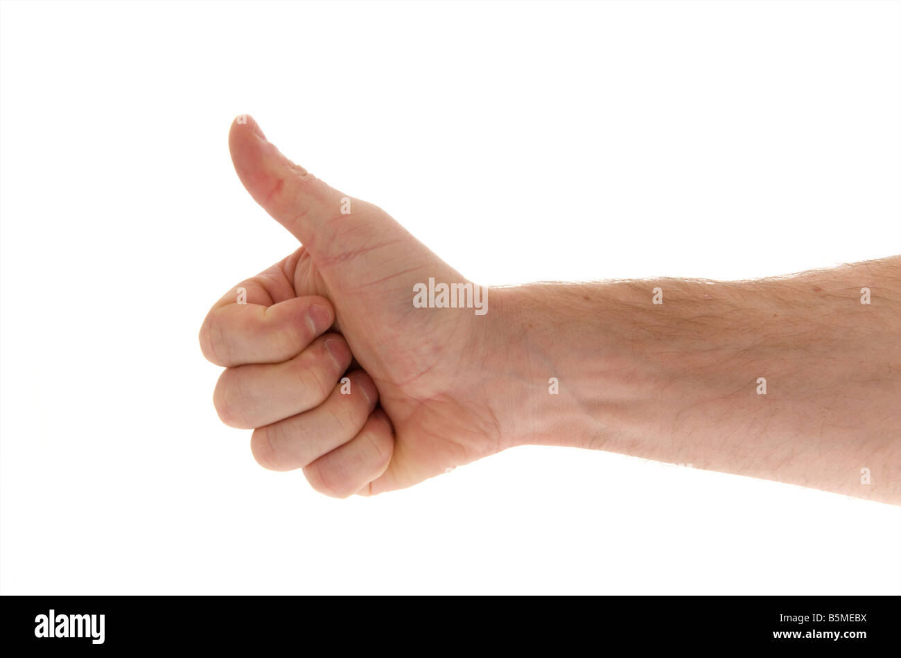 male mans right hand held out with the thumb ups sign against a white ...