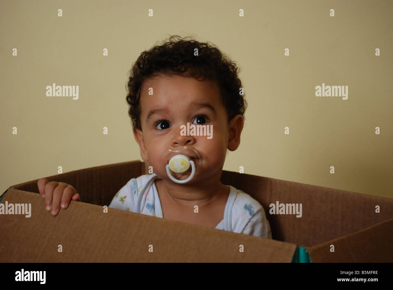 A little toddler playing with his pacifier inside of a box Stock Photo ...