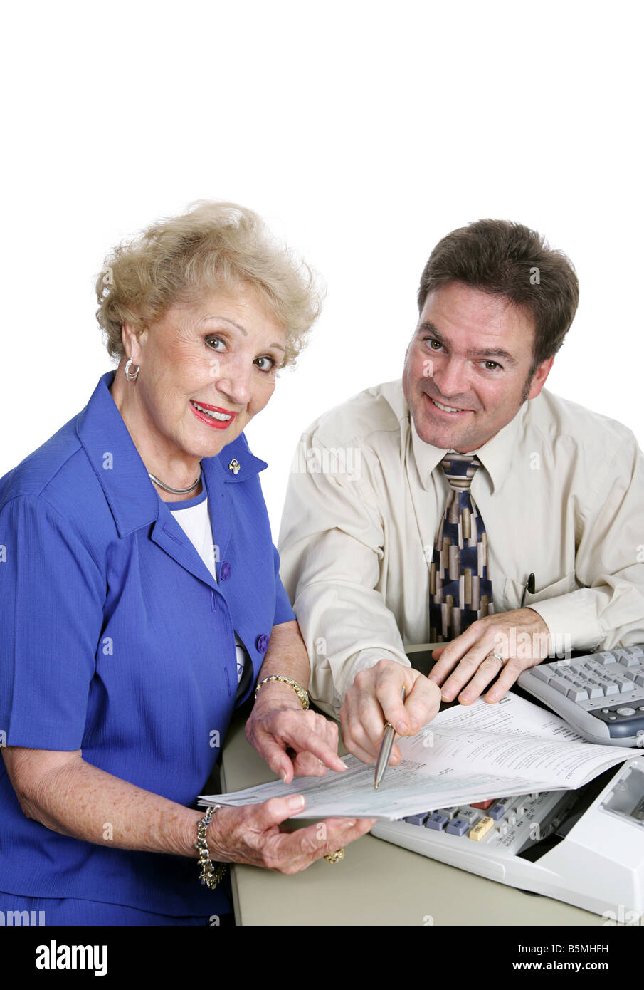 A pretty senior woman and her friendly accountant Isolated on white ...