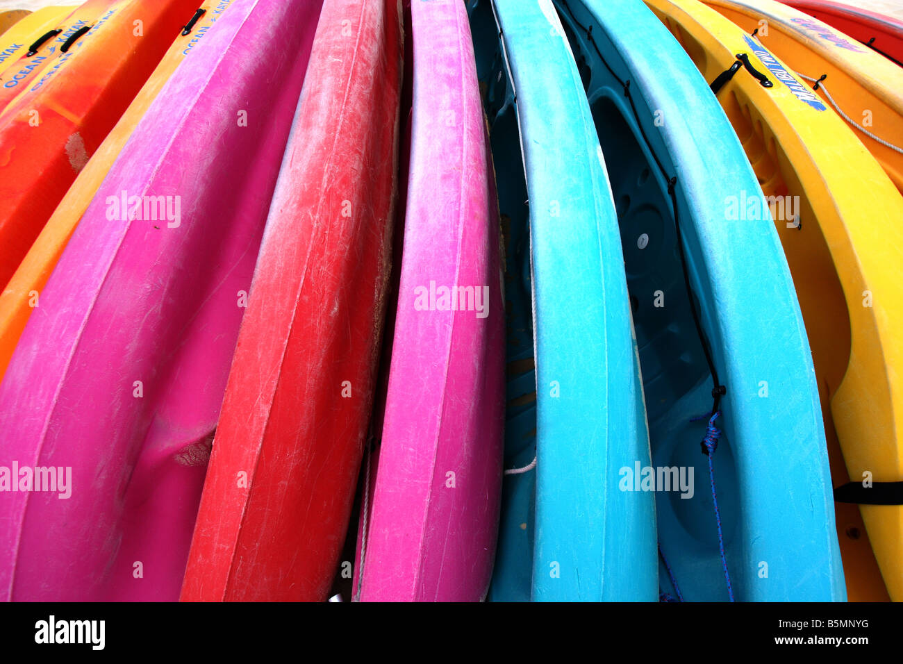 A ROW OF BRIGHTLY COLOURED CANOES ON A BEACH QUEENSLAND AUSTRALIA ...