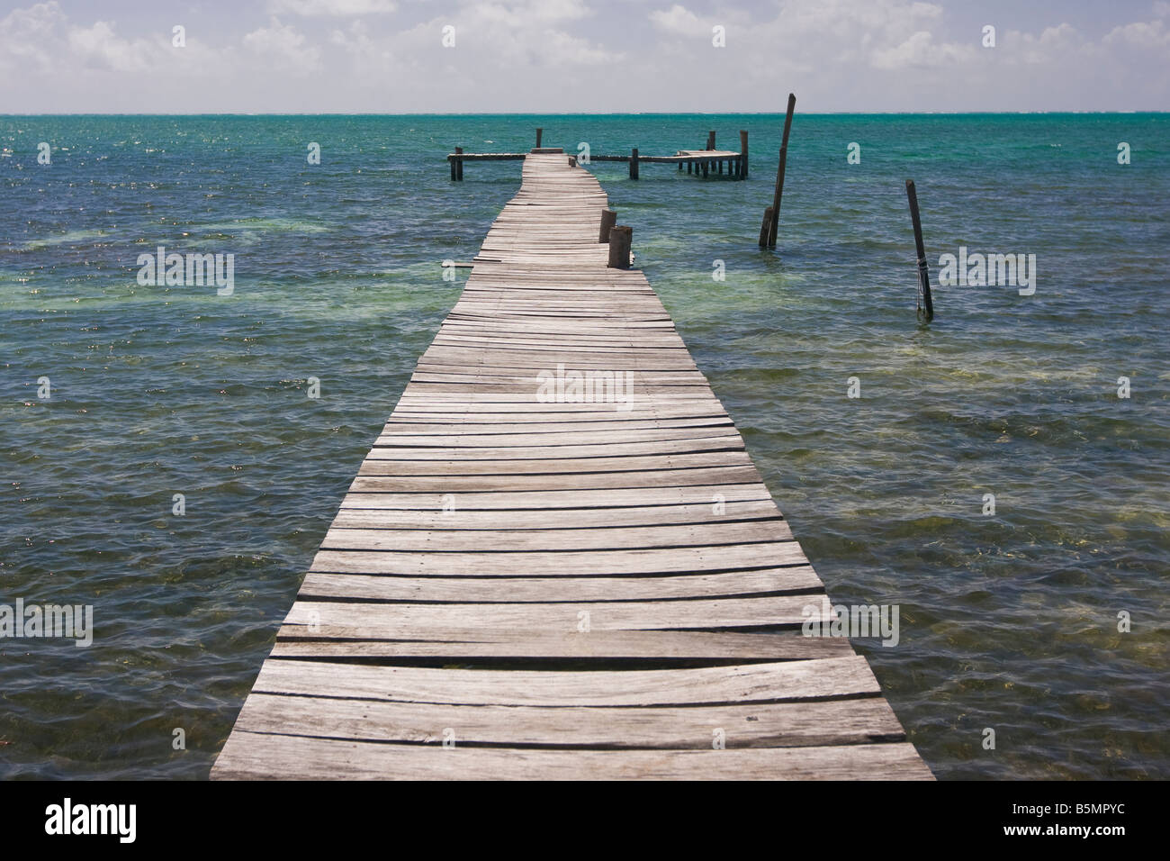 CAYE CAULKER BELIZE Weathered wooden dock by Caribbean sea Stock Photo ...
