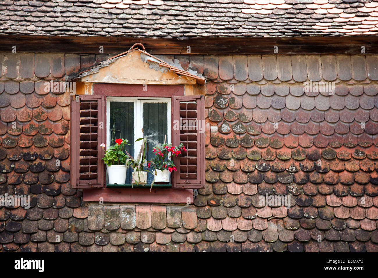 traditional romanian roof and window in the medieval town Sighisoara ...