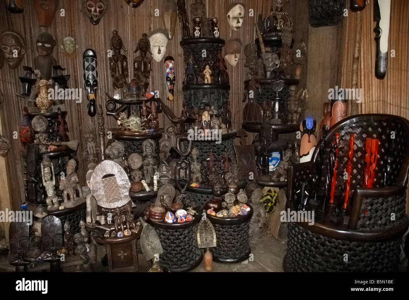 Stall selling traditional African stools masks and carvings in Bali ...