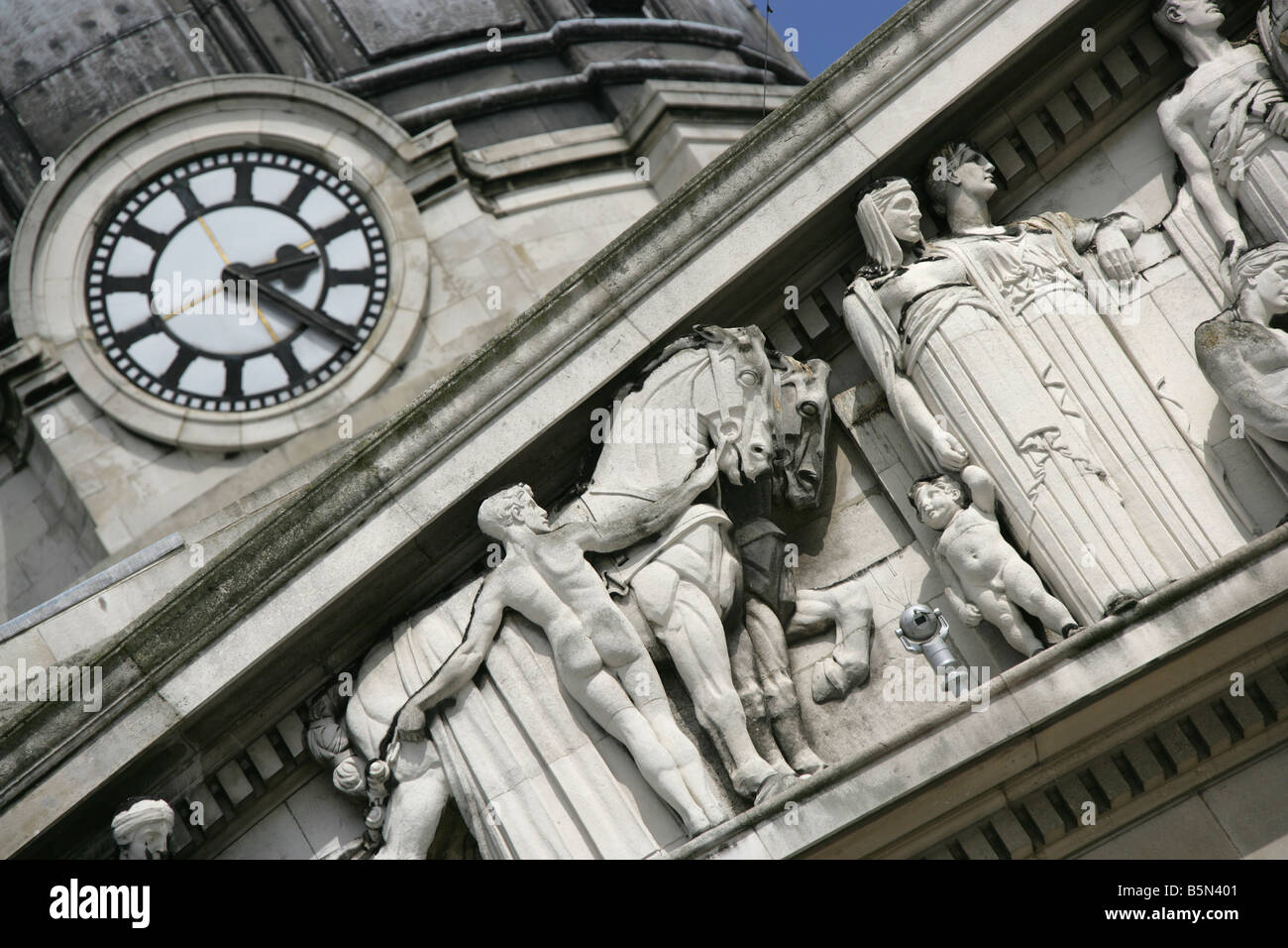 City of Nottingham, England. The frieze carvings and clock dome above ...