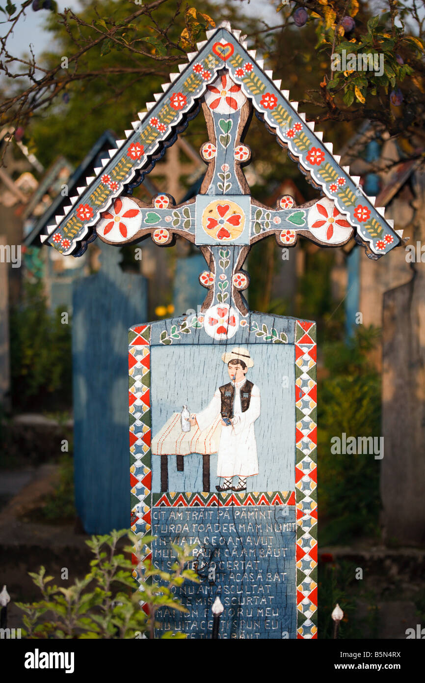 colorful painted wooden headstone in sapanta merry cemetery, maramures ...