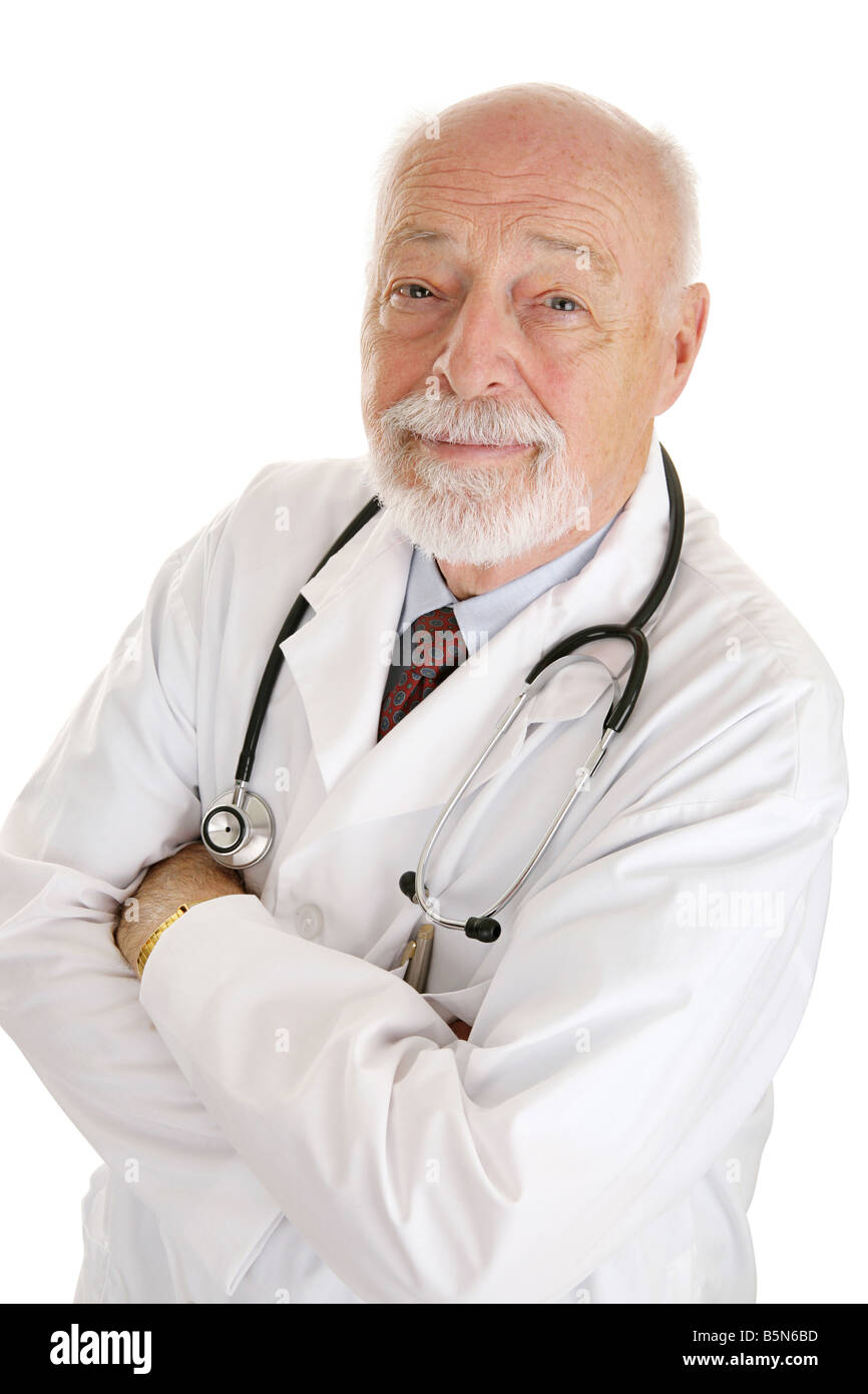 Portrait of a kind experienced doctor Isolated on white Stock Photo - Alamy