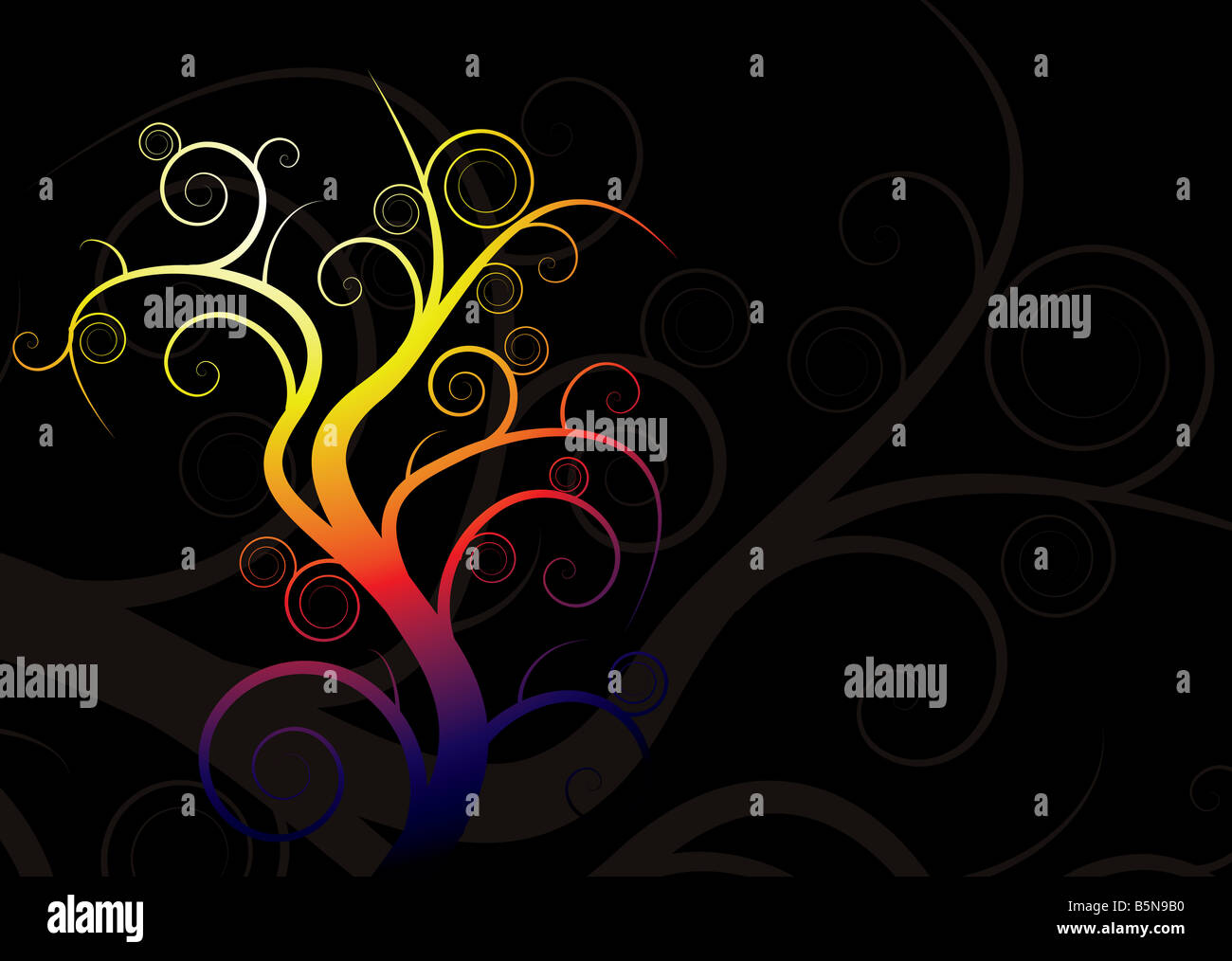 Spooky twisted colorful tree with a black background Stock Photo - Alamy