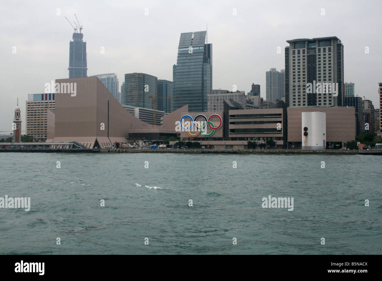 Olympic rings on Hong Kong Art Museum and Tsim Sha Tsui skyline April ...