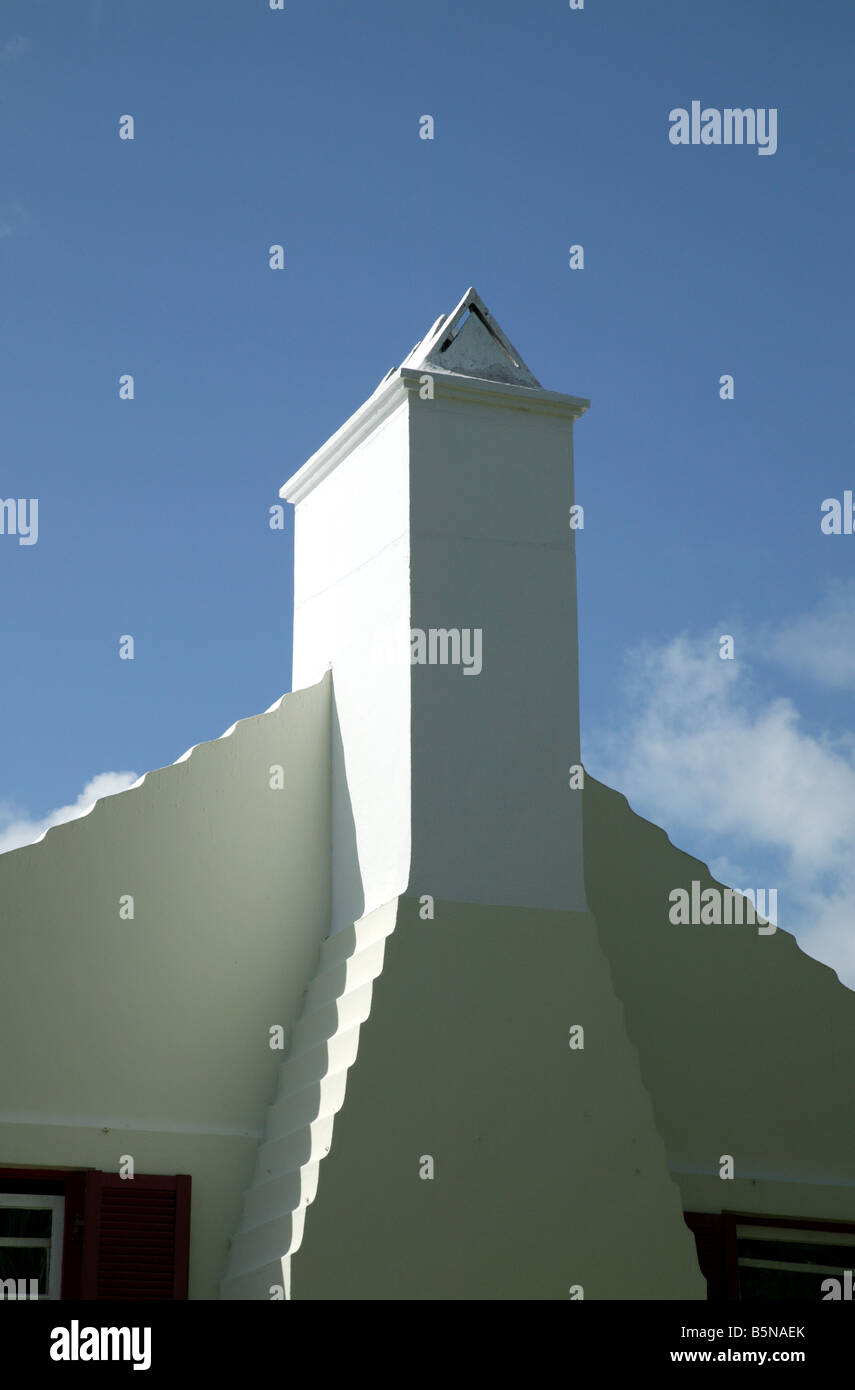 Close-up architectural details of a gable end and stepped chimney on a ...
