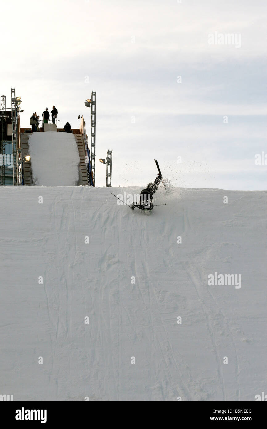 Snowboarder falling down the slope at London Freeze Festival Stock ...