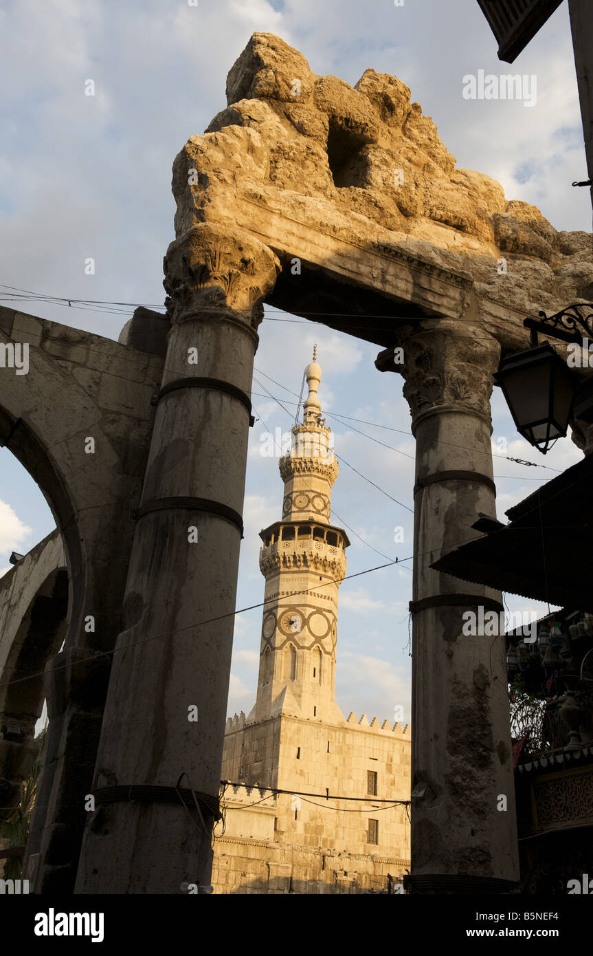 Western Temple gate and Ummayyad mosque Minaret at sunset Stock Photo ...