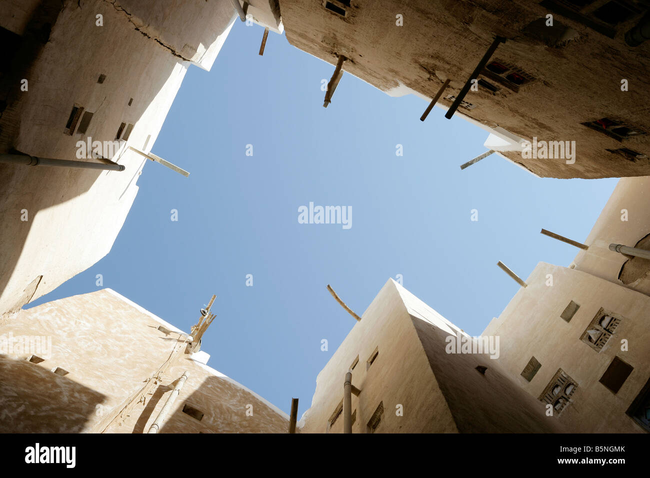 Looking up in Shibam Manhattan of the Desert Walled town with 7 storey ...