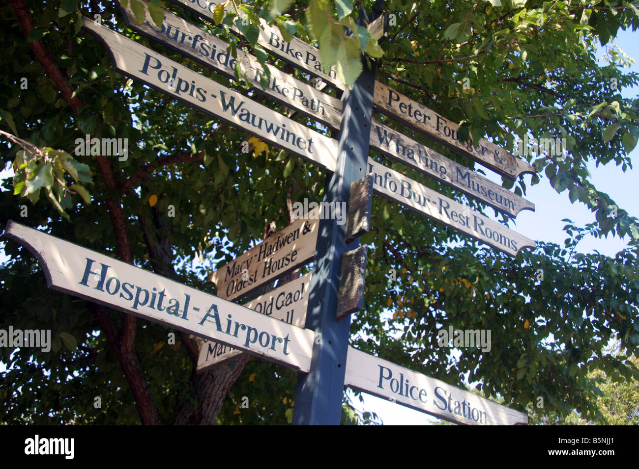 Old fashioned signpost in Nantucket Cape Cod New England USA Stock ...