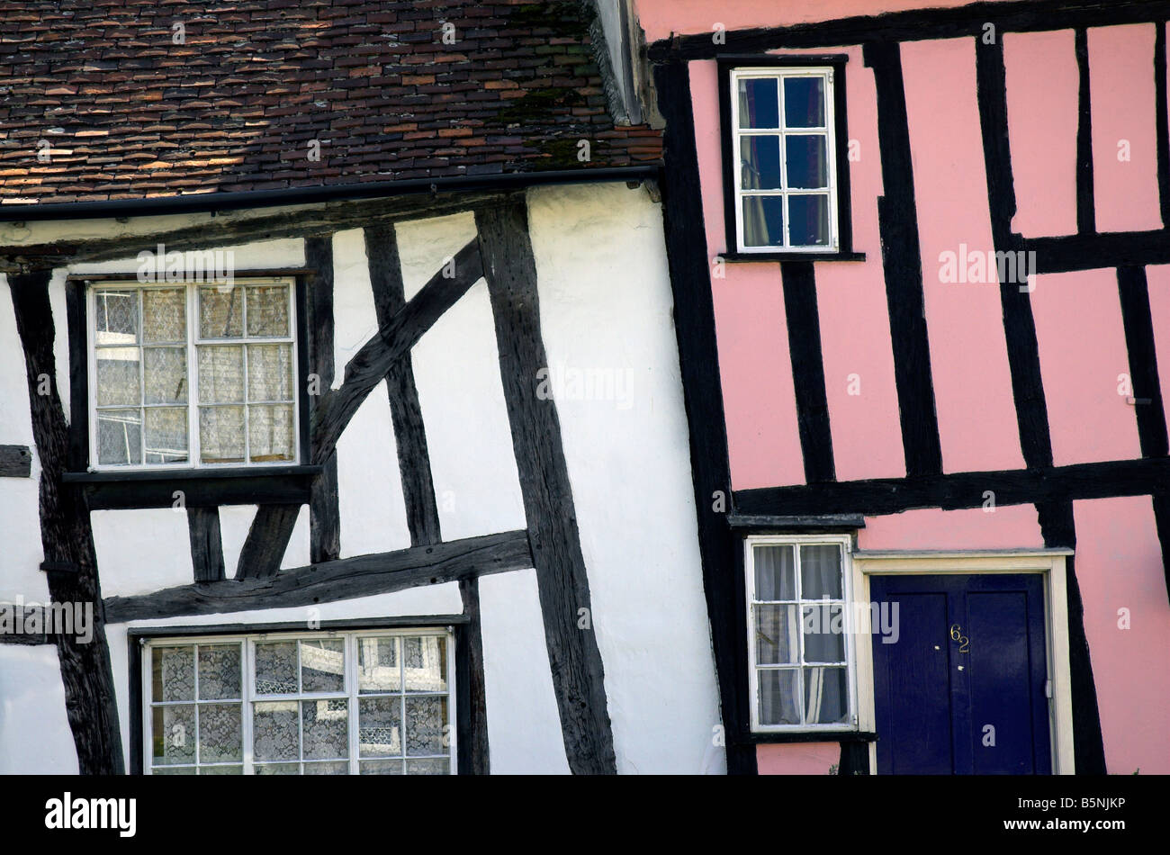 Details of very old crooked houses in Lavenham in Suffolk Stock Photo ...