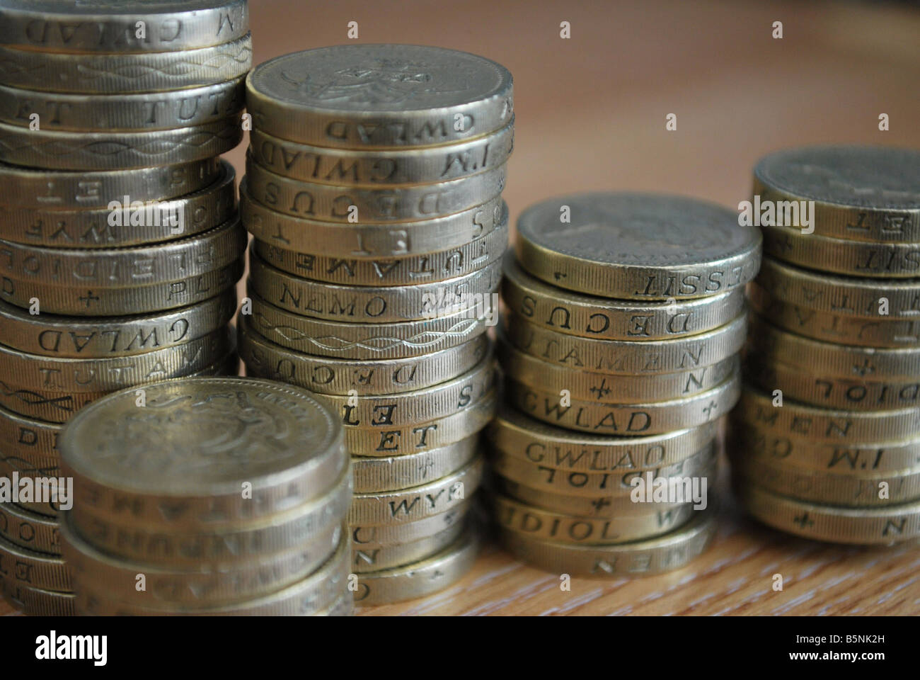 Piles of one pound coins on desk Stock Photo - Alamy
