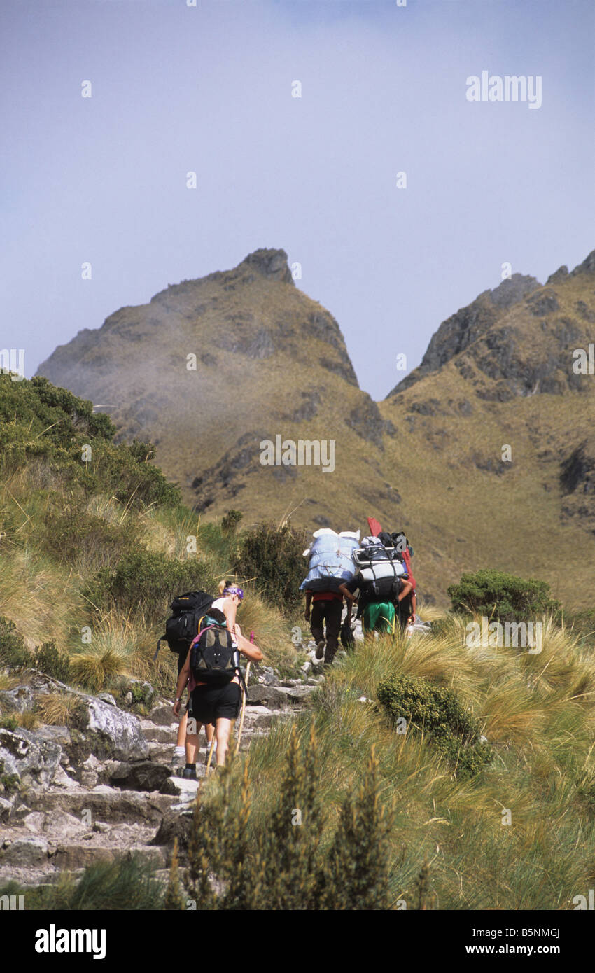 Trekkers and porters approaching Dead Woman Pass, Inca Trail, Peru ...