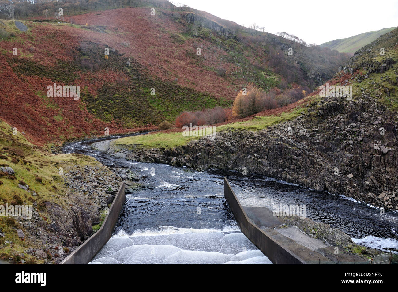 Water from the spillway at Llyn Brianne running into the Towy Valley ...
