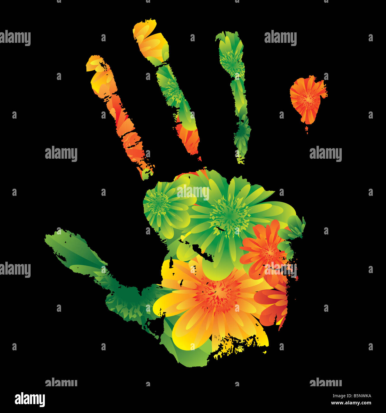 Floral inspired unique hand print design on black background Stock ...
