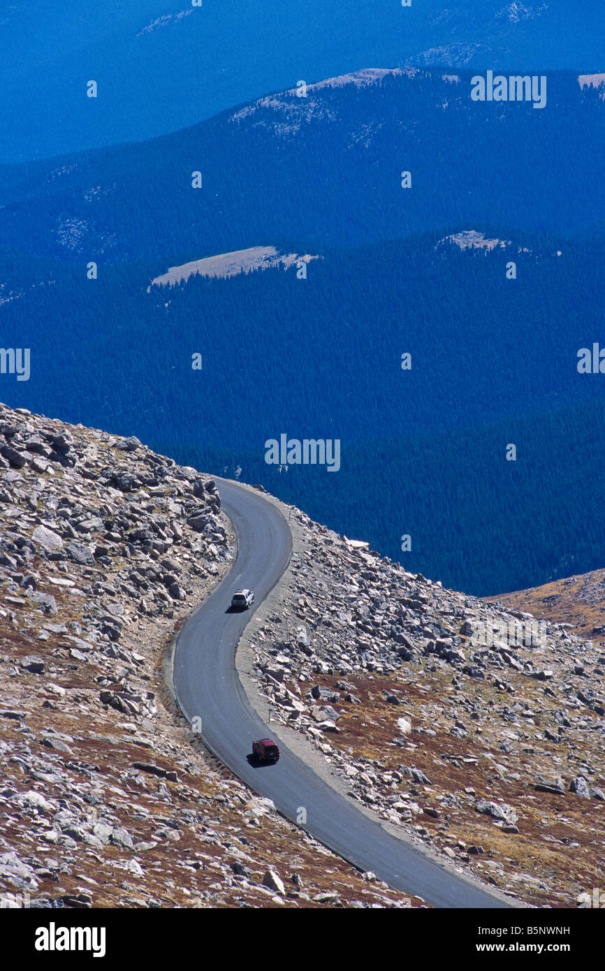 Cars below the summit, Mount Evans Scenic Byway, Colorado Stock Photo ...