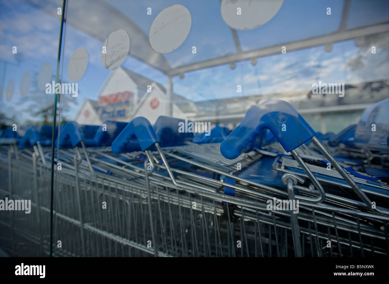 British Tesco Superstore Scene with Trolleys Stock Photo - Alamy
