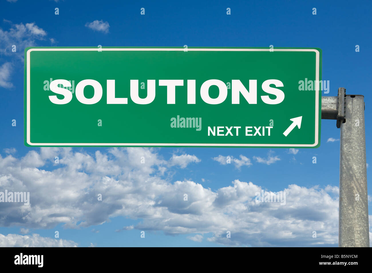 rectangle green traffic sign with word of solutions on it Stock Photo ...