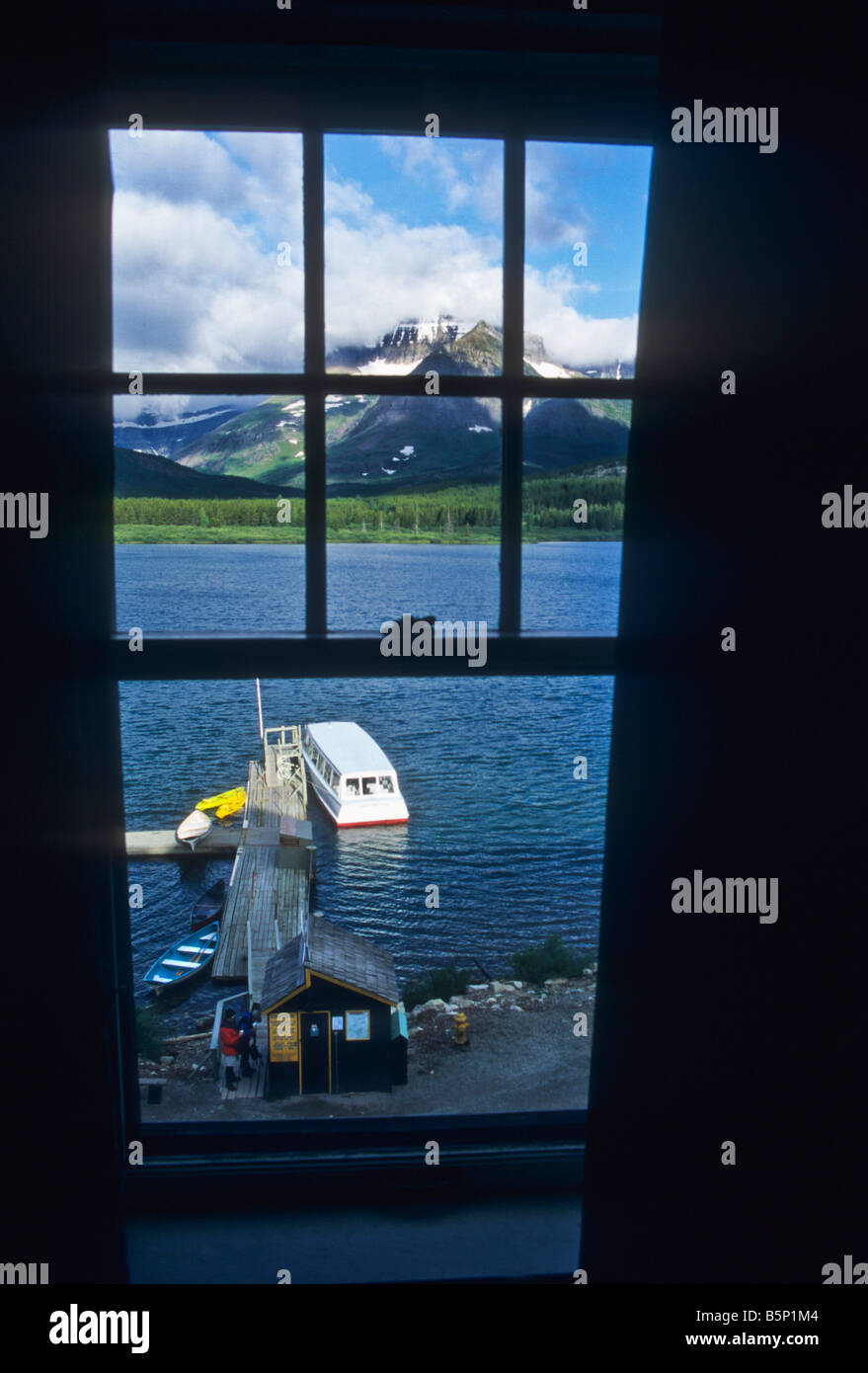 View from window of hotel onto lake in Glacier National Park, Montana ...