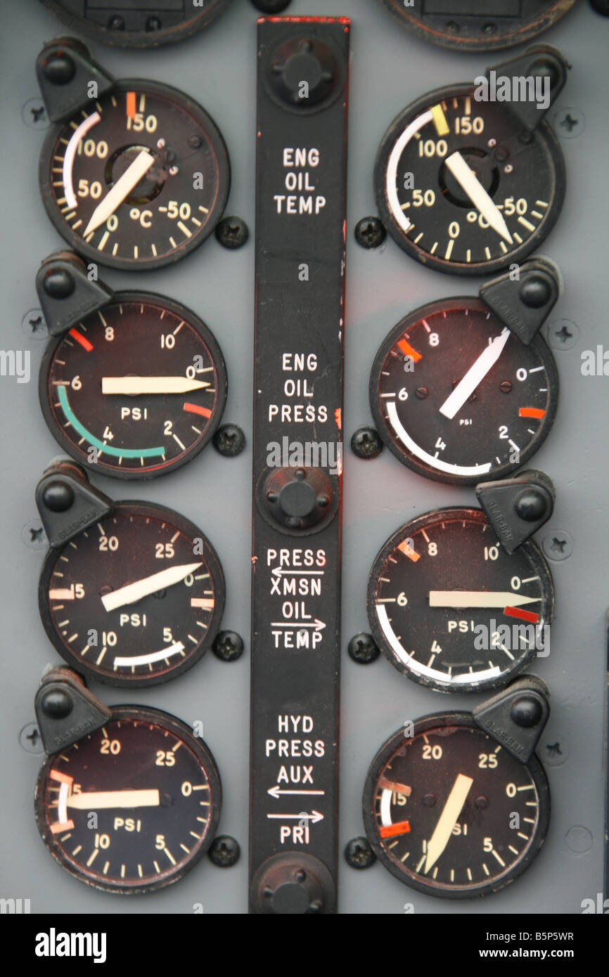 detail of many pilot gauges inside military jet plane at open day Stock ...