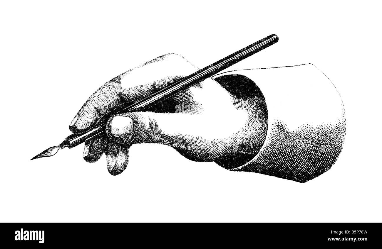 19th century illustration of a hand holding a pen Stock Photo - Alamy