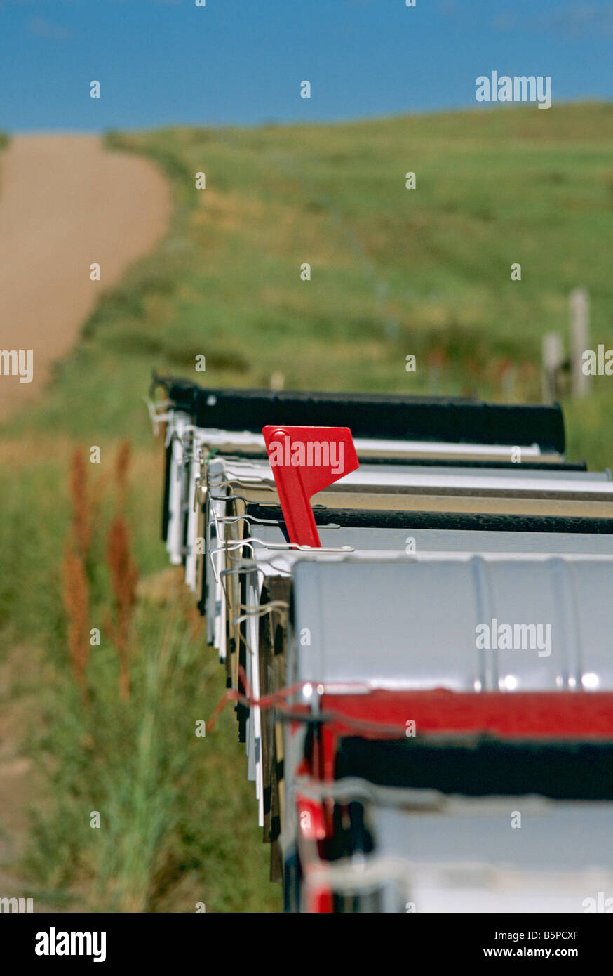 Line of Mailboxes (letterbox) on Rural Dirt Road, South Dakota, USA ...
