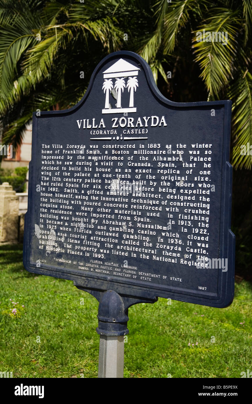 History Plaque Villa Zorayda St Augustine Florida USA Stock Photo - Alamy