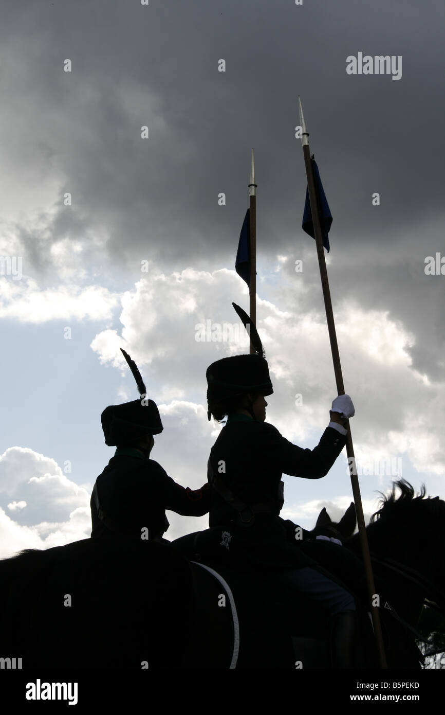 two mounted carabinieri police in traditional costume at event in rome ...