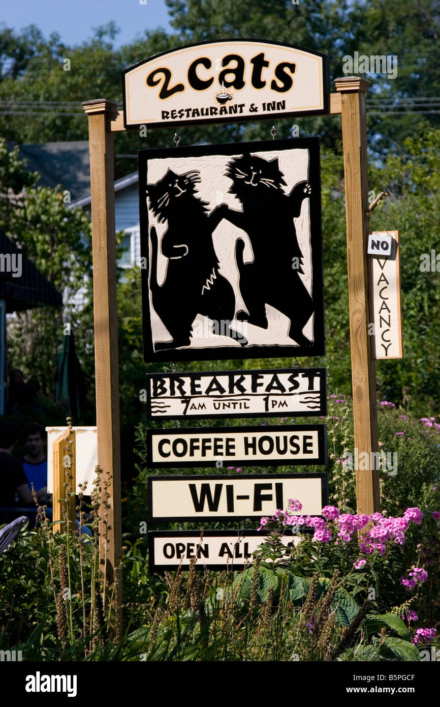 Two Cats Restaurant and Inn sign, coffee house, Maine, USA Stock Photo ...