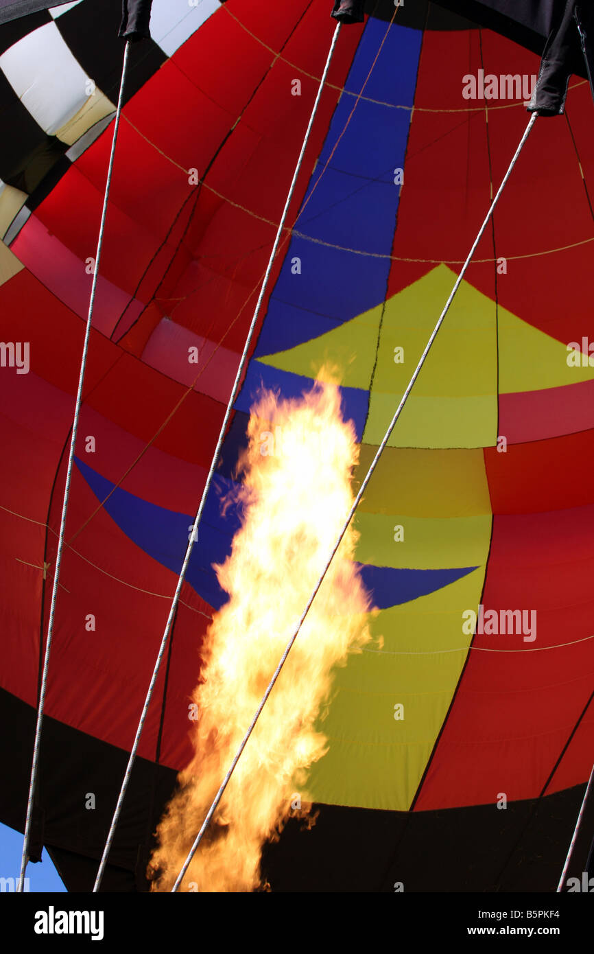 The flames of the burner to heat up a multi colored Hot Air Balloon ...